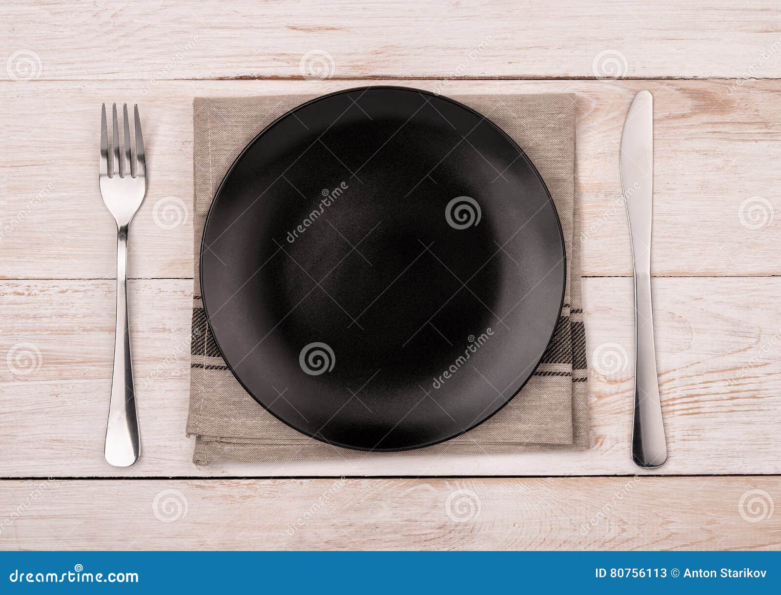 Top View Of Empty Black Plate, Silverware And Napkin Stock Image ...