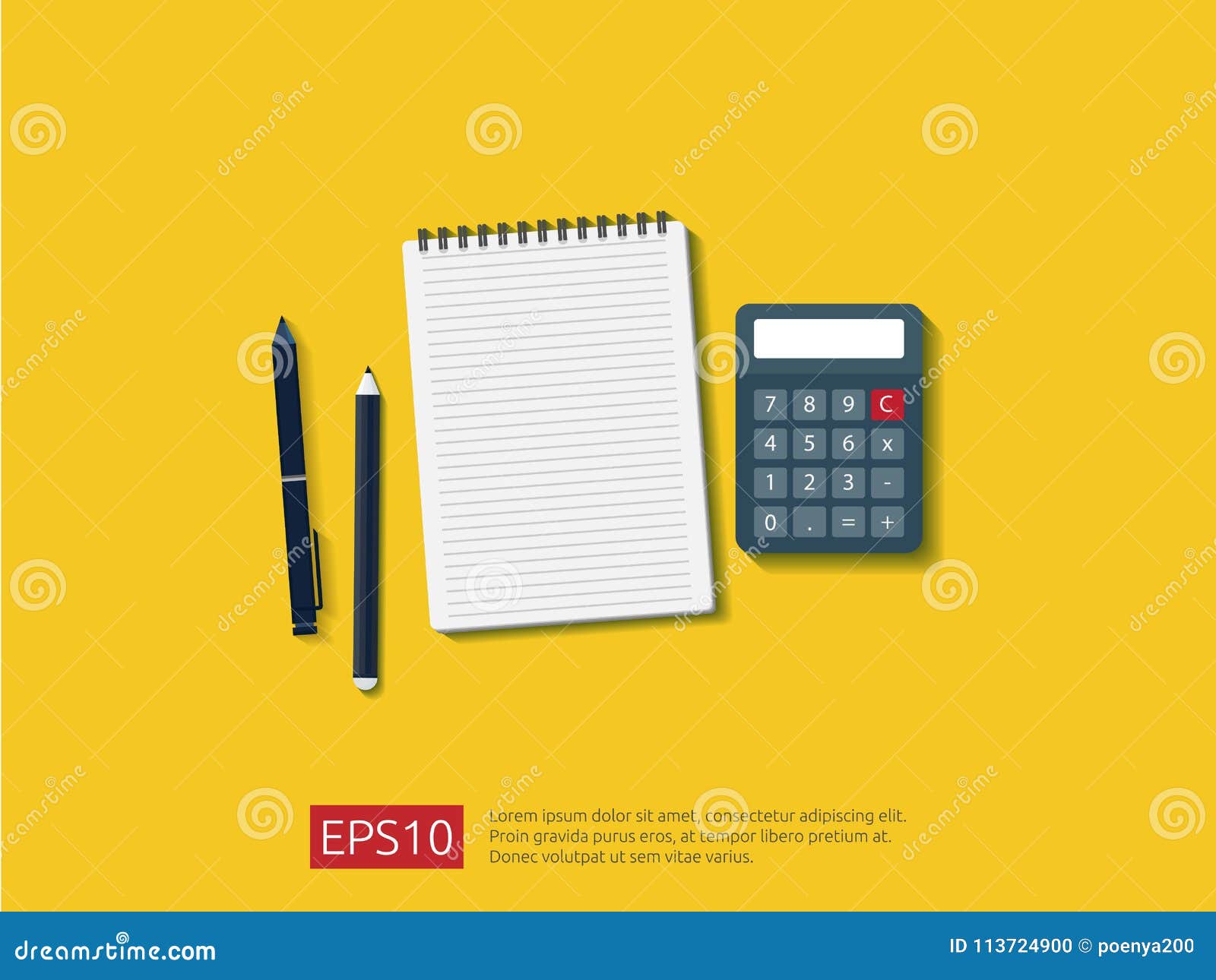 Top View Empty Note Paper Sheet with Calculator, Pencil and Pen on ...