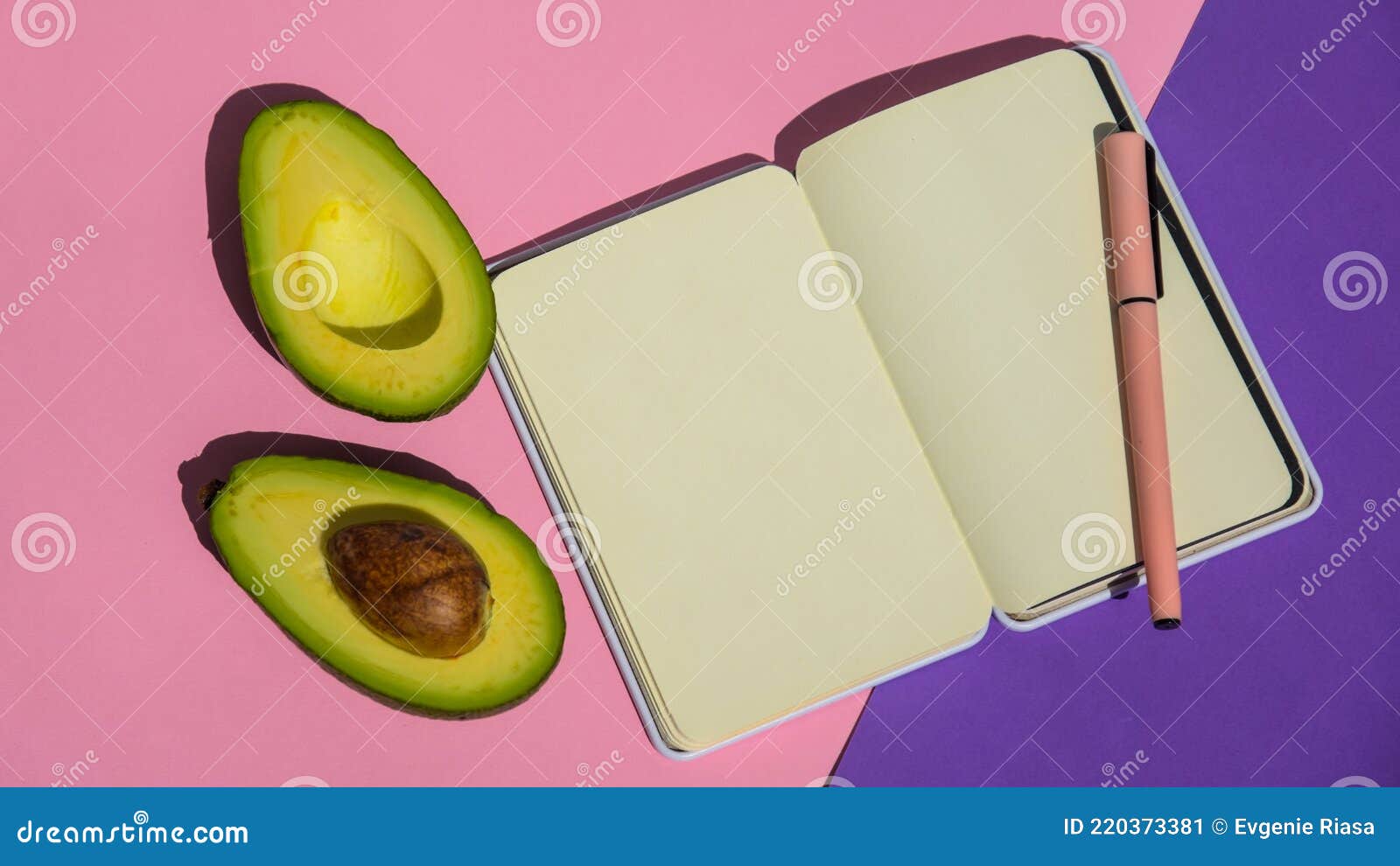 Top View. Top View an Empty Notepad and Sliced Avocado on a Pink ...