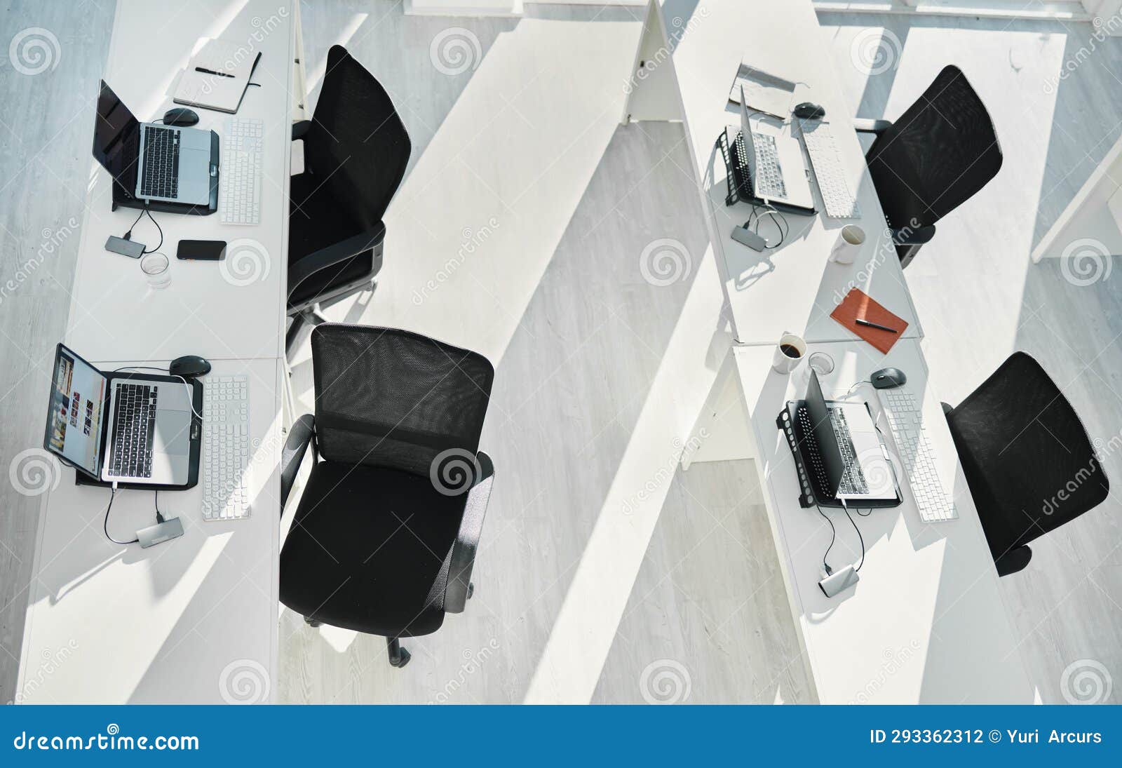 Top View, Empty Office Interior and Table with Laptops in Coworking ...