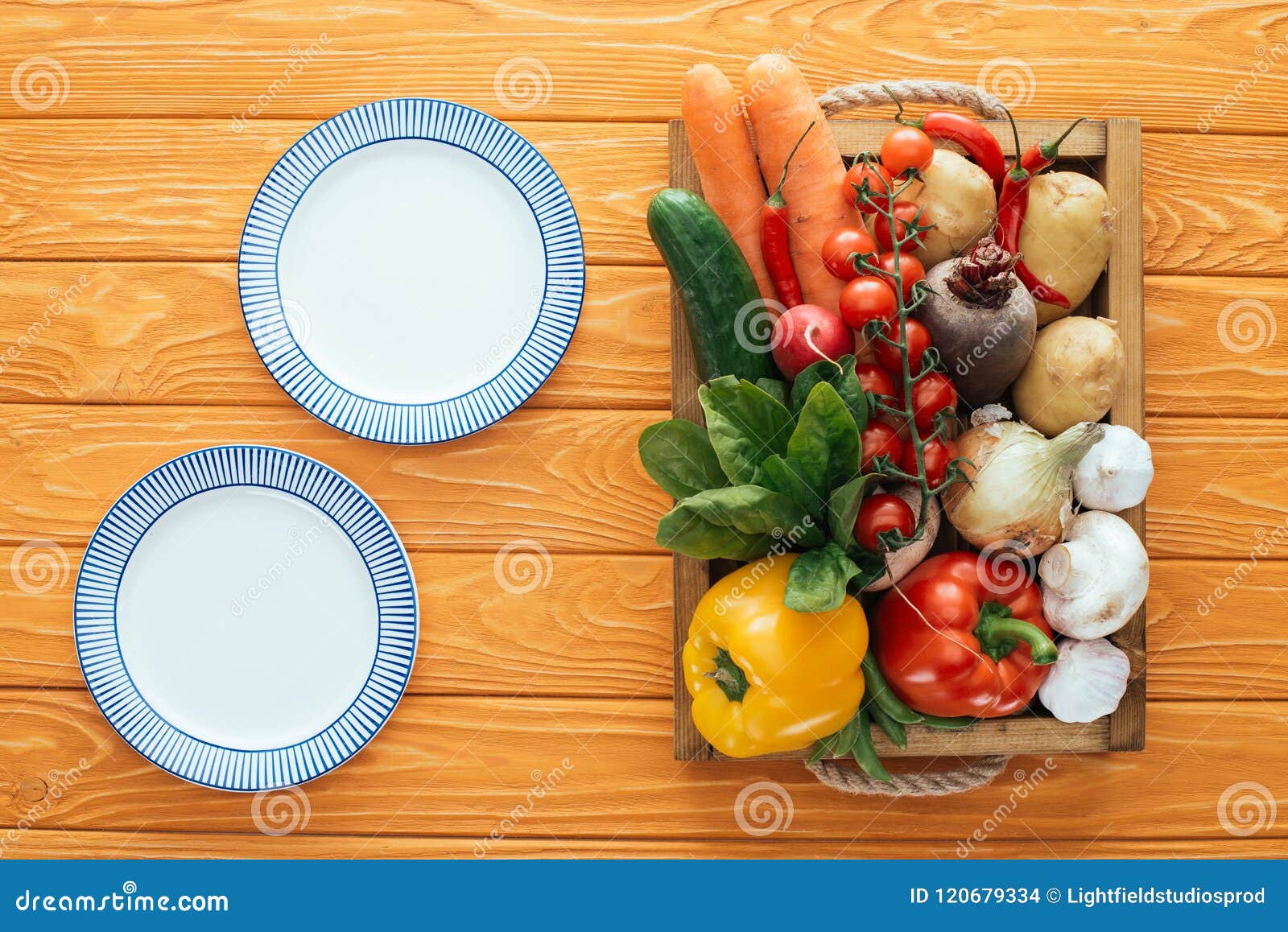 Top View of Empty Round Plates and Fresh Raw Vegetables in Box on ...
