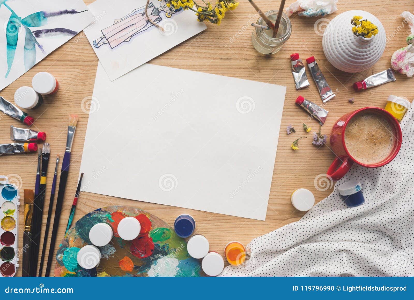 Top View of Empty Sheet of Paper and Sketches at Painter Stock Photo ...