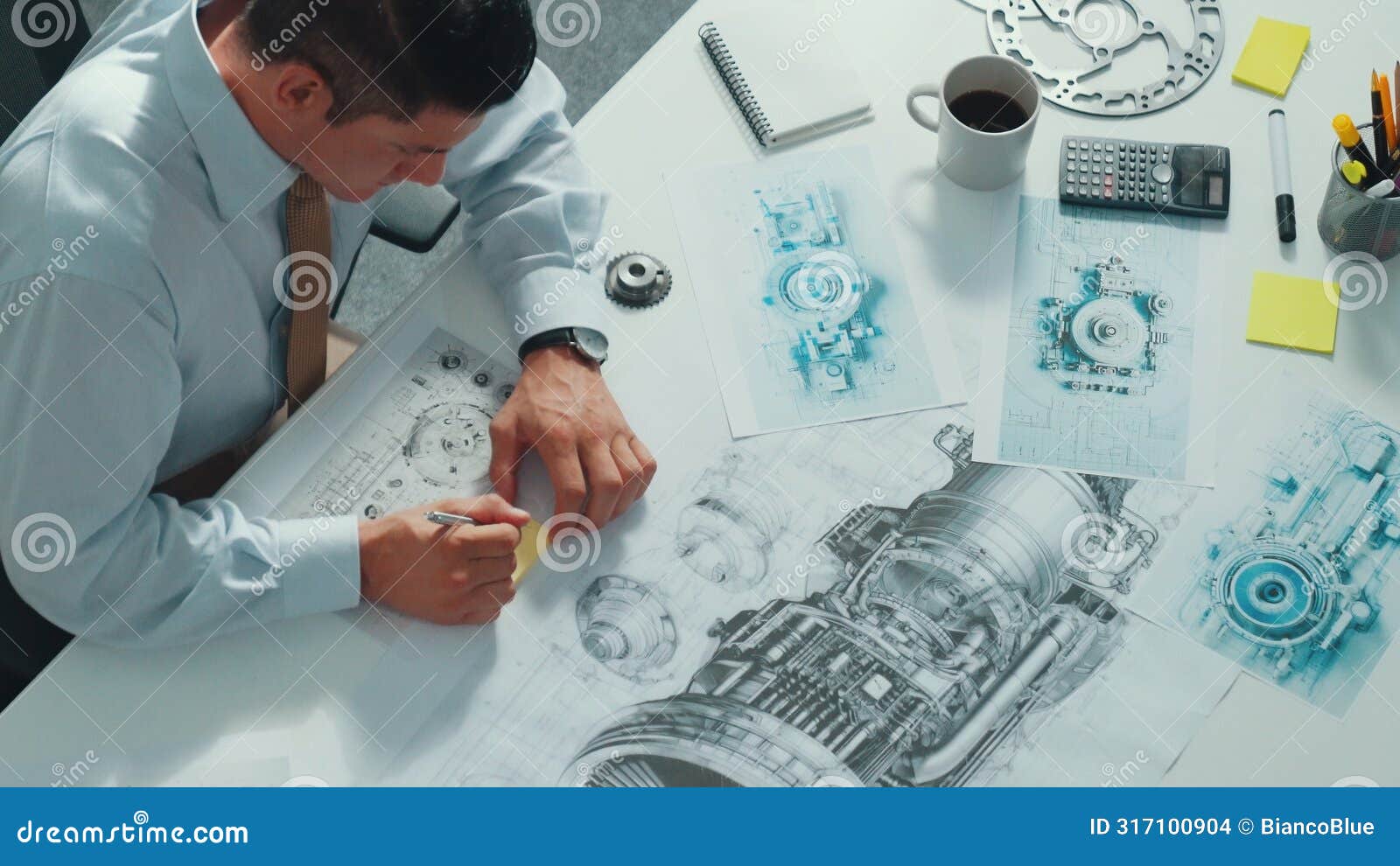 Top View of Engineer Point at Turbine Engine at Meeting Table ...