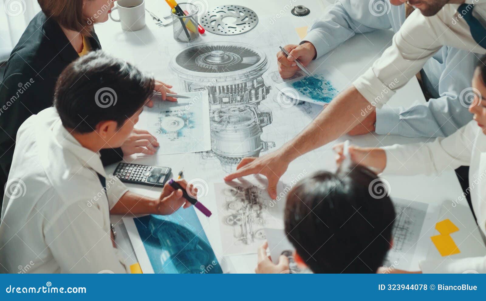 Top View of Engineer Point at Turbine Engine at Meeting Table ...