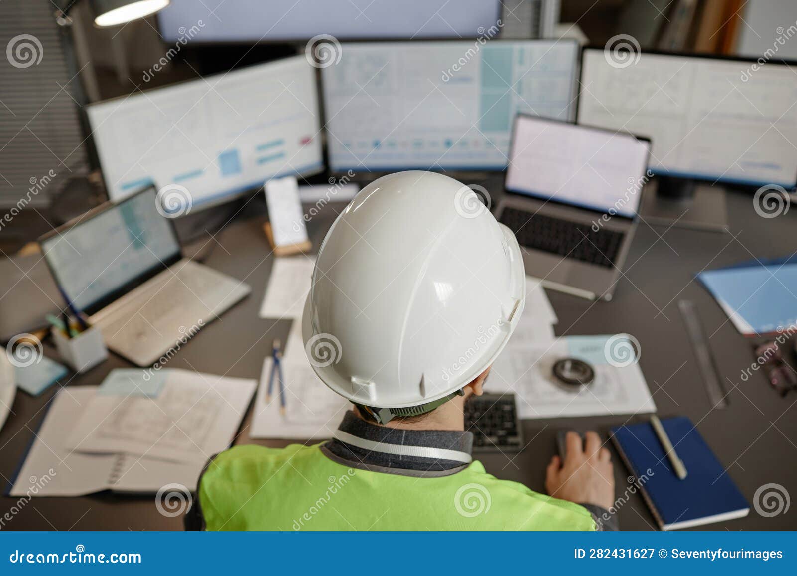 Top View of Engineer Wearing Hardhat and Using Computer Stock Image ...