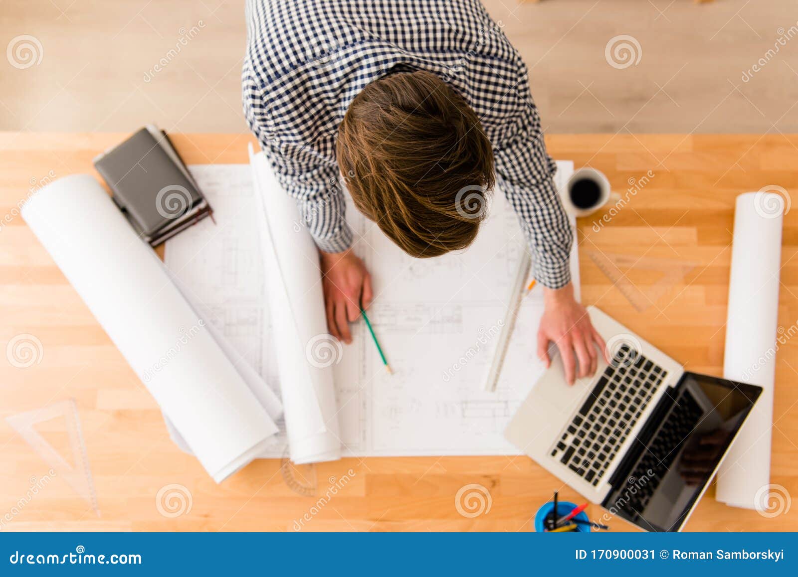 Top View of Engineer Working on New Project and Drawing Scheme Stock ...