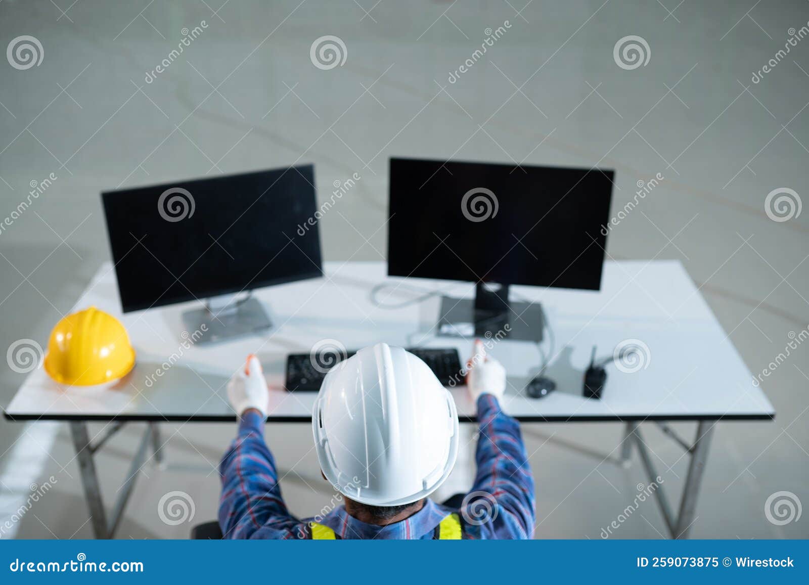 Top View Engineering Computer Using Operate in the Warehouse Off Stock ...