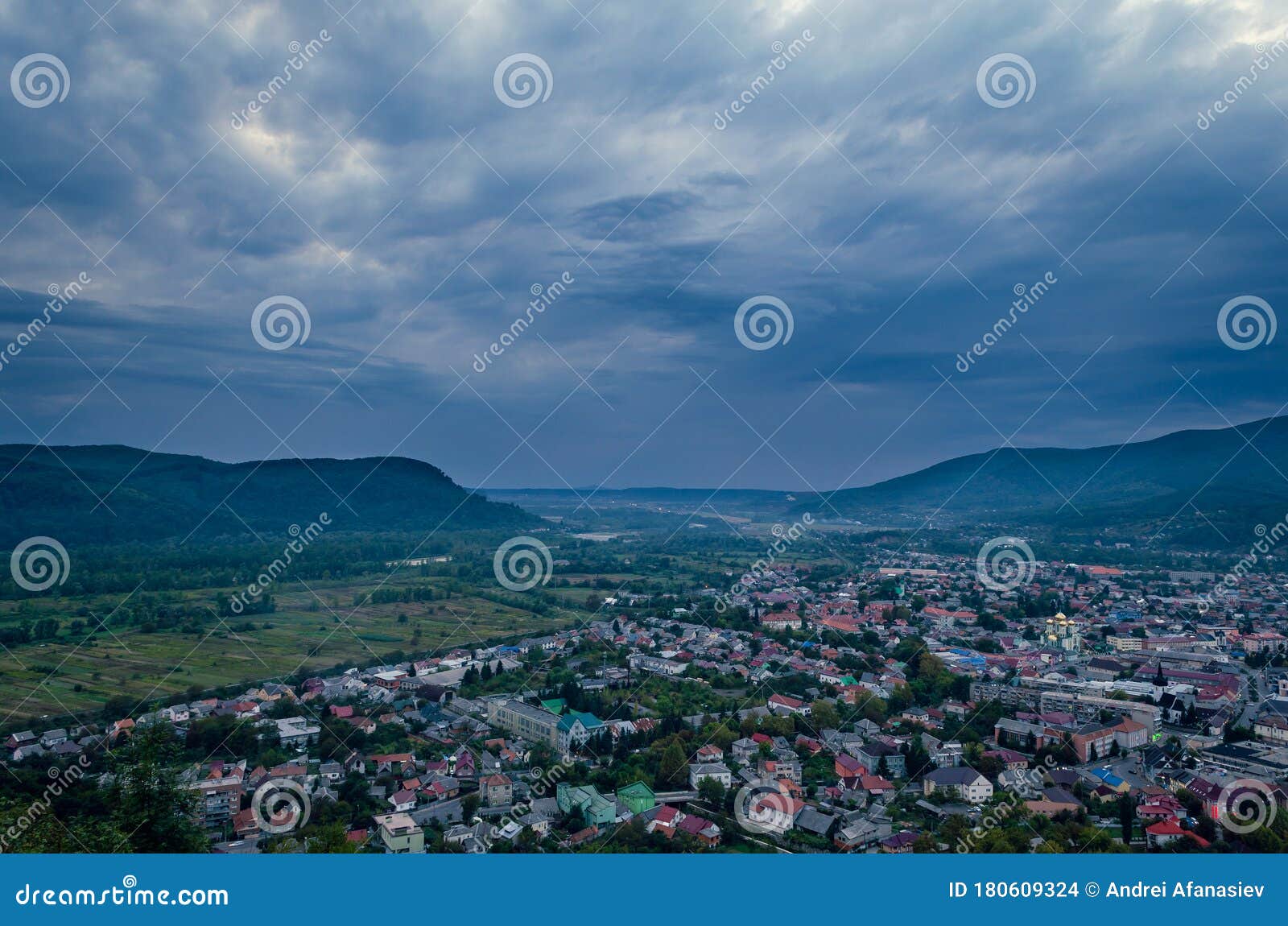 Top View on the Evening City of Khust, Transcarpathia Ukraine Stock ...