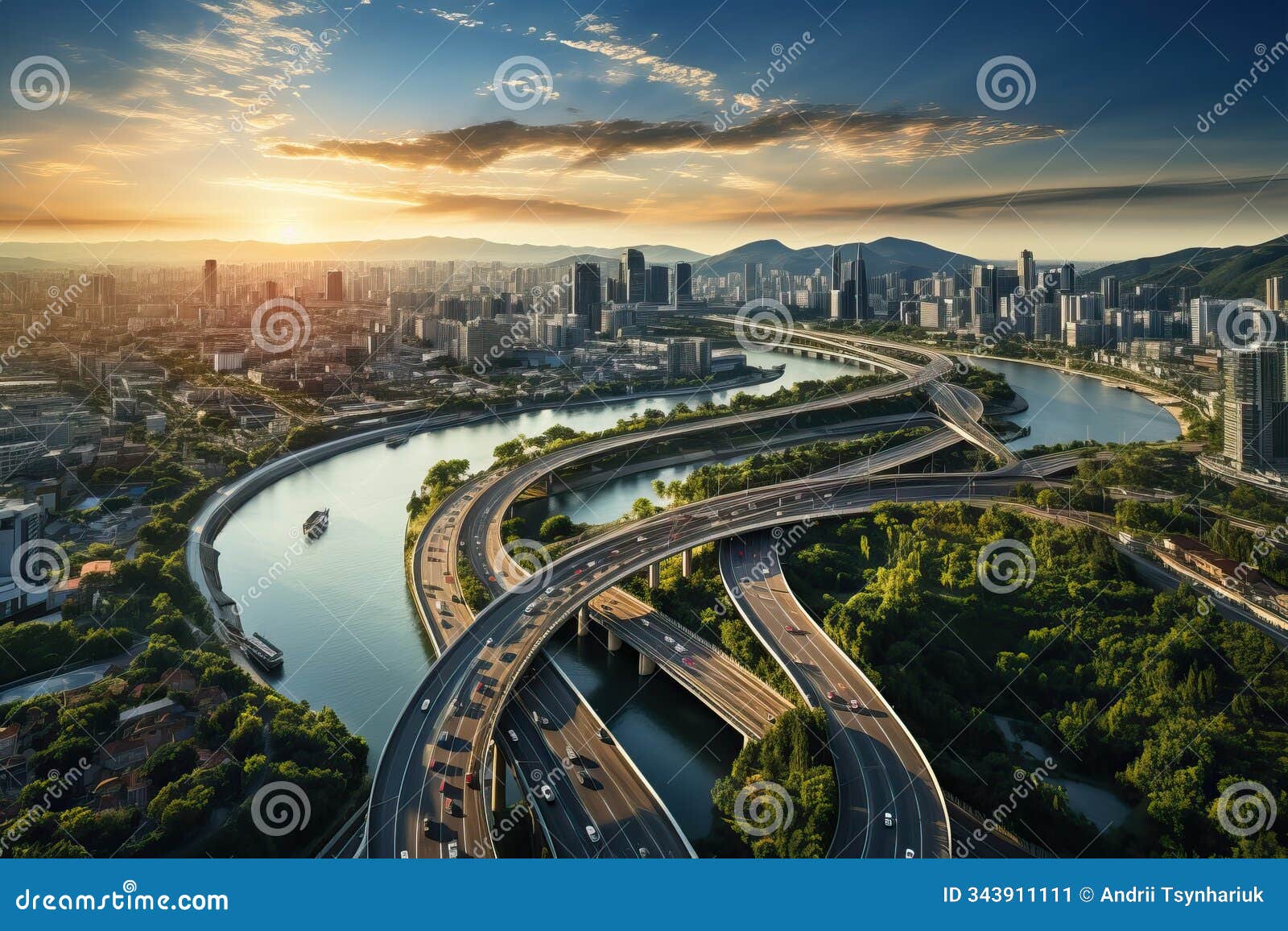 Top View of Expressway Over Big River, Traffic Car Interchange. Stock ...