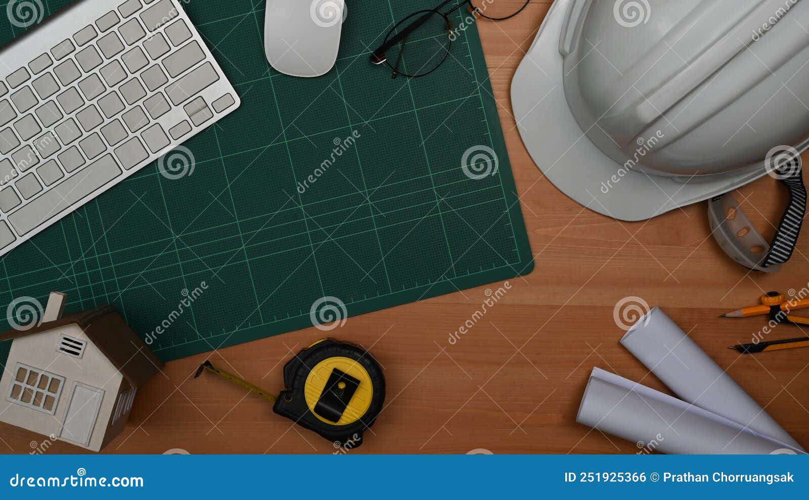 Top View Eyeglasses, Blueprints, Hard Hat And Engineering Tools On ...