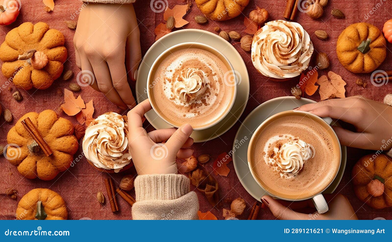 Top View of Fall Shaped Pumpkin Spice Cakes and Hands Holding Latte ...