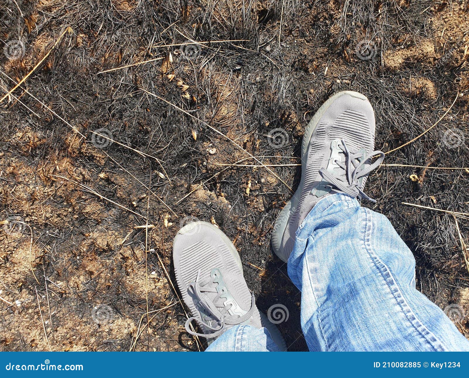 Top View of Feet in Sneakers Standing on the Fire-scorched Ground Stock ...