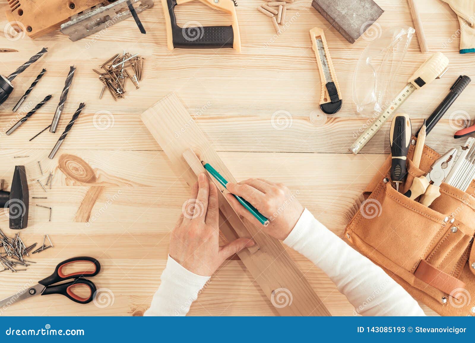 Top View of Female Carpenter Hands Working on Desk Stock Image - Image ...