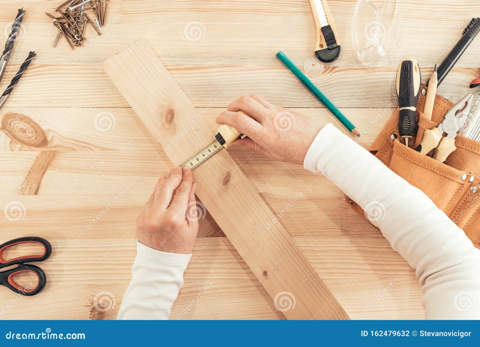 Top View of Female Carpenter Hands Working on Desk Stock Photo - Image ...