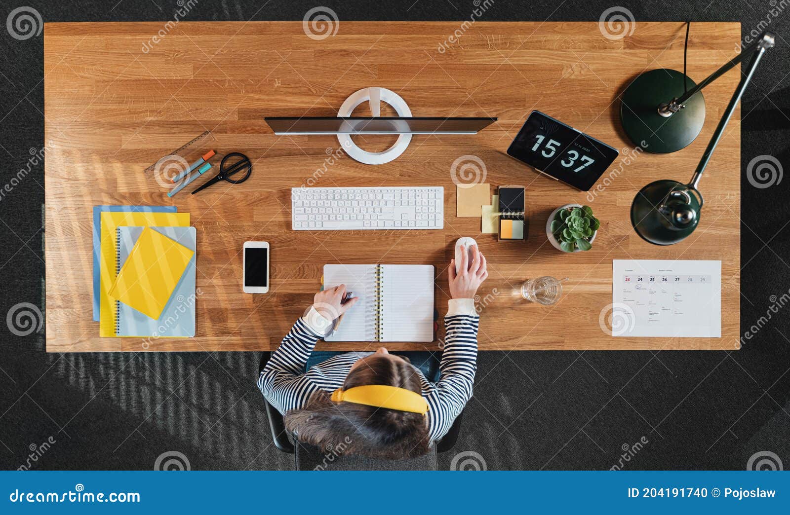 Top View of Female Student Working on Computer at Desk at Home. Stock ...