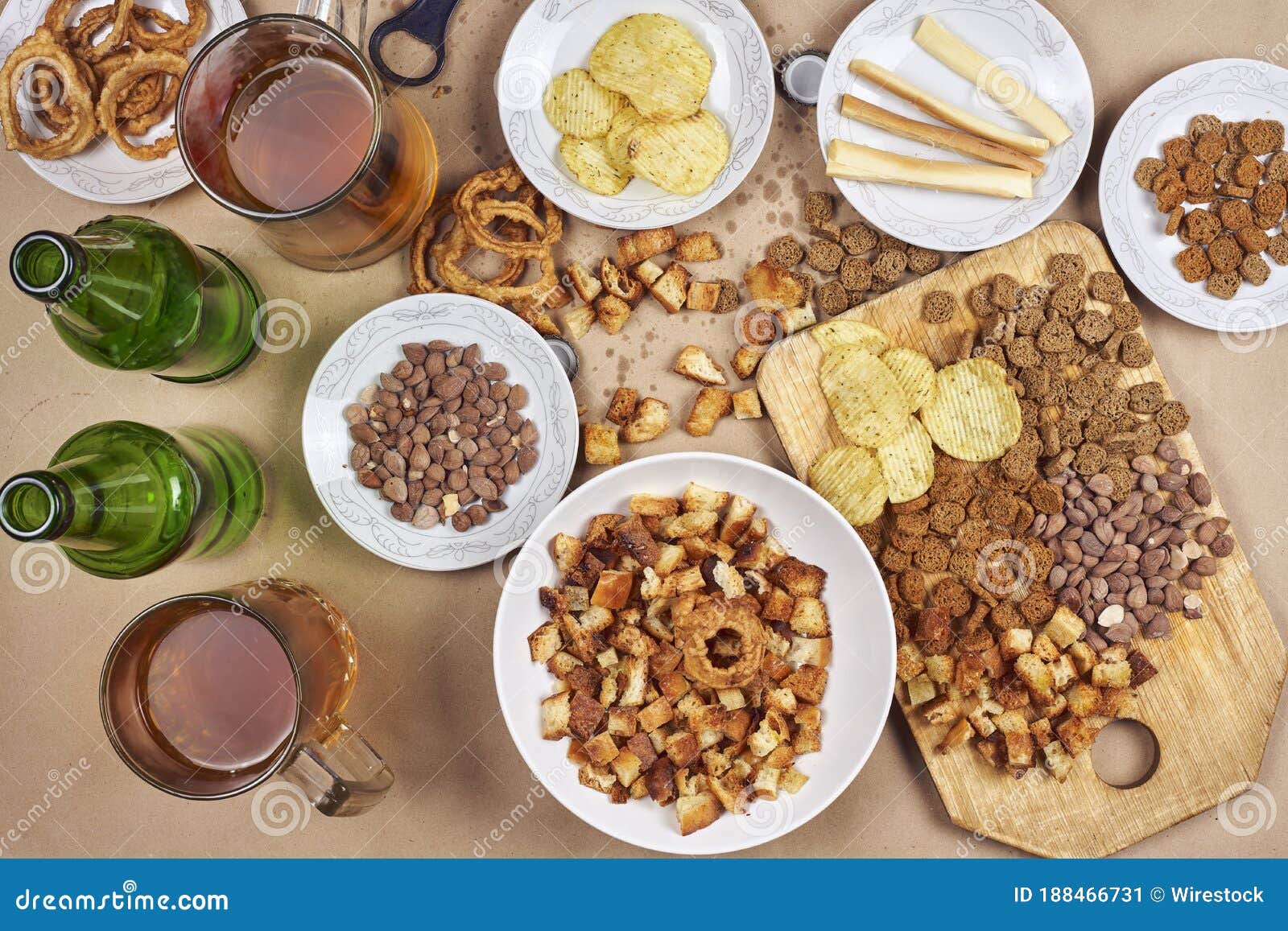 Top View of a Festive Table Full of Snacks and Beer Stock Image - Image ...