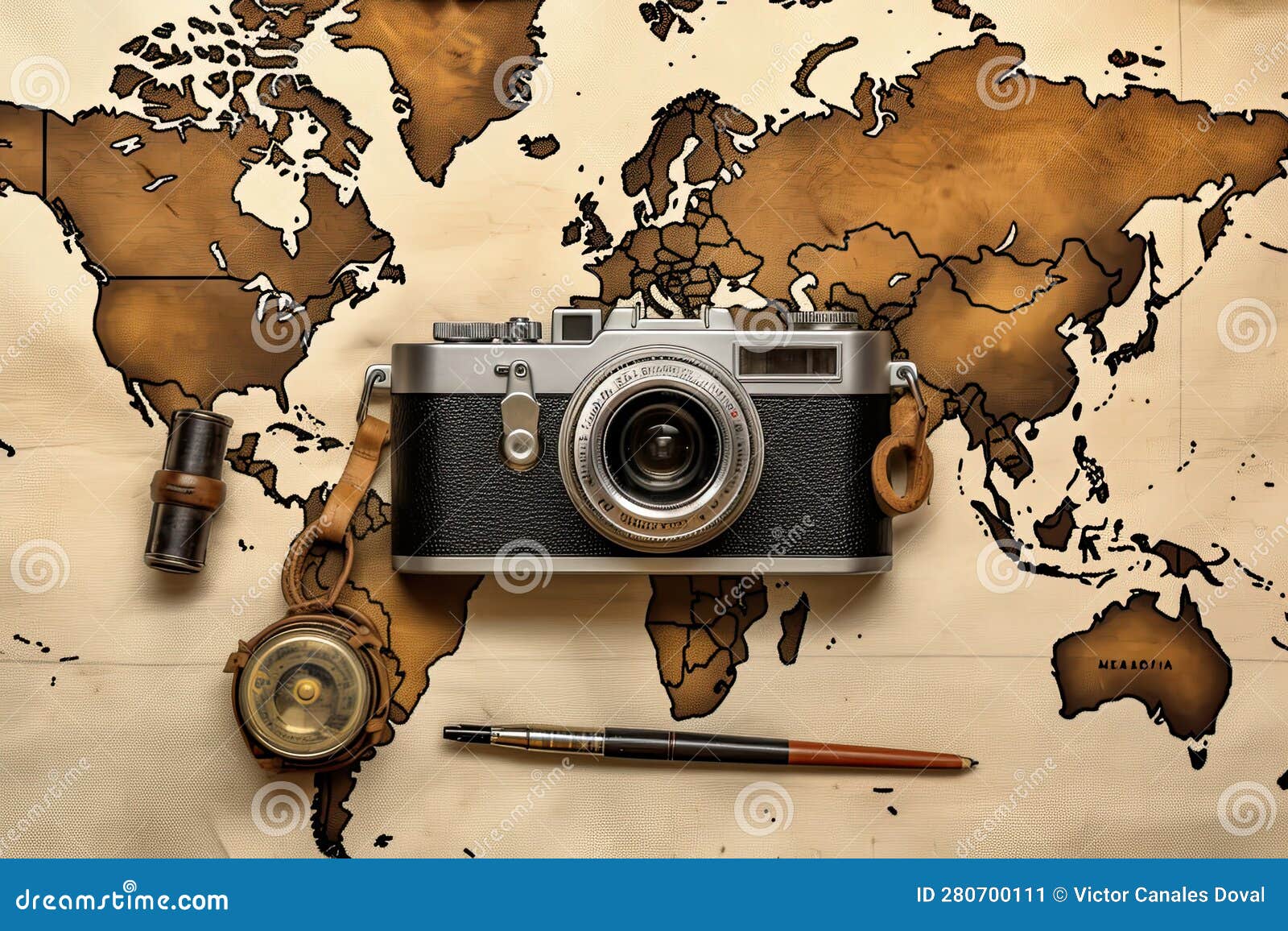 Top View of Film Camera, Compass, Magnifier Against a Brown World Map ...