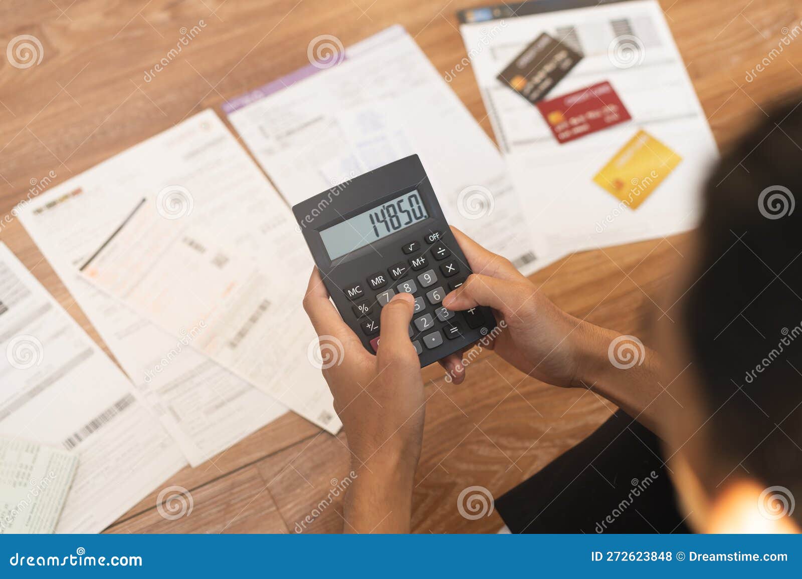 Top View Financial Owe Asian Young Man Sitting Suffer Stressed And