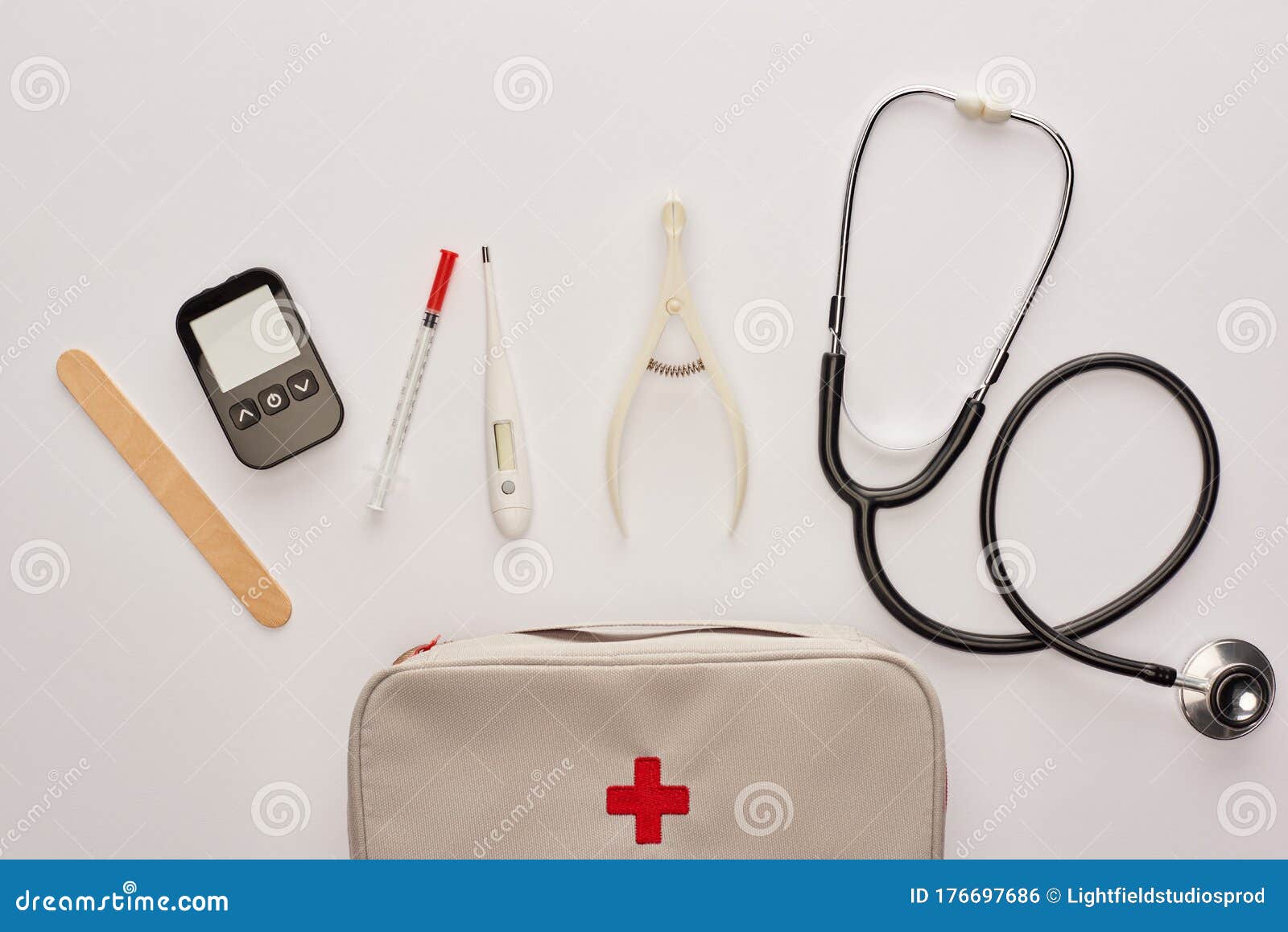 Top View of First Aid Kit with Medical Objects Stock Photo - Image of ...