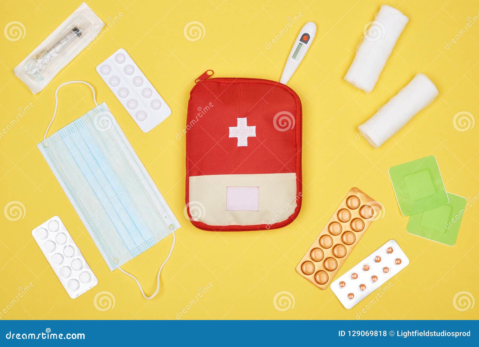 Top View of First Aid Kit with Various Medicines Stock Photo - Image of ...