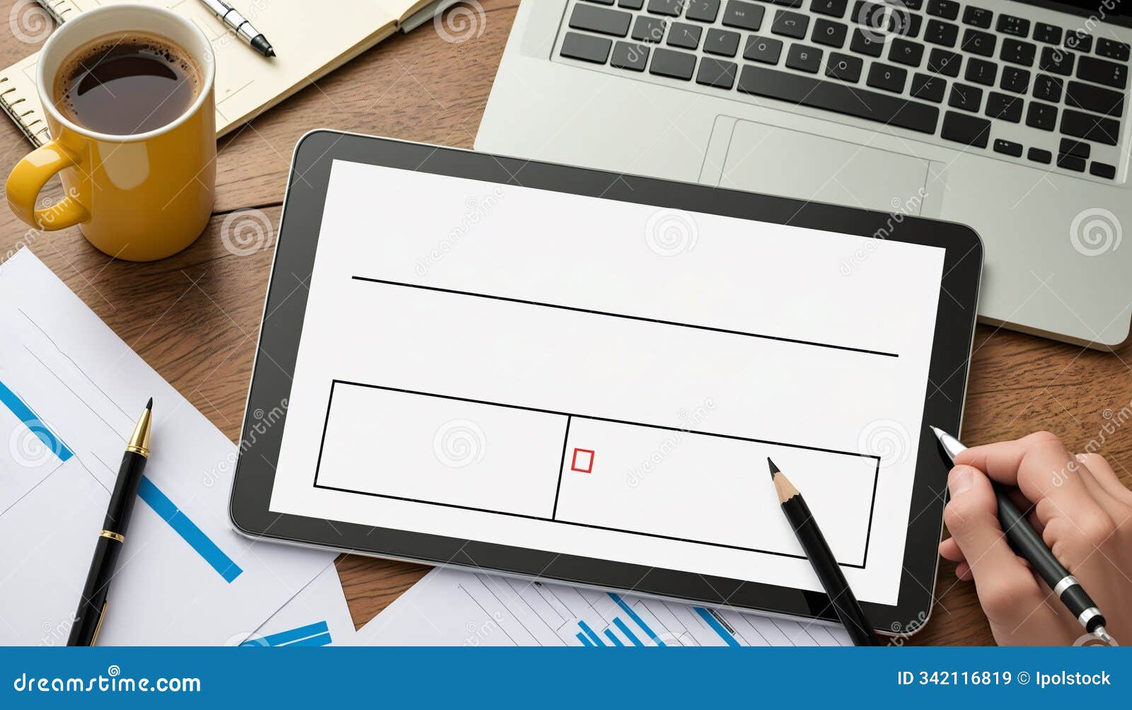 Workplace With Financial Documents, Books, Business Card, Pen, Paper Clips, Phone With An ...