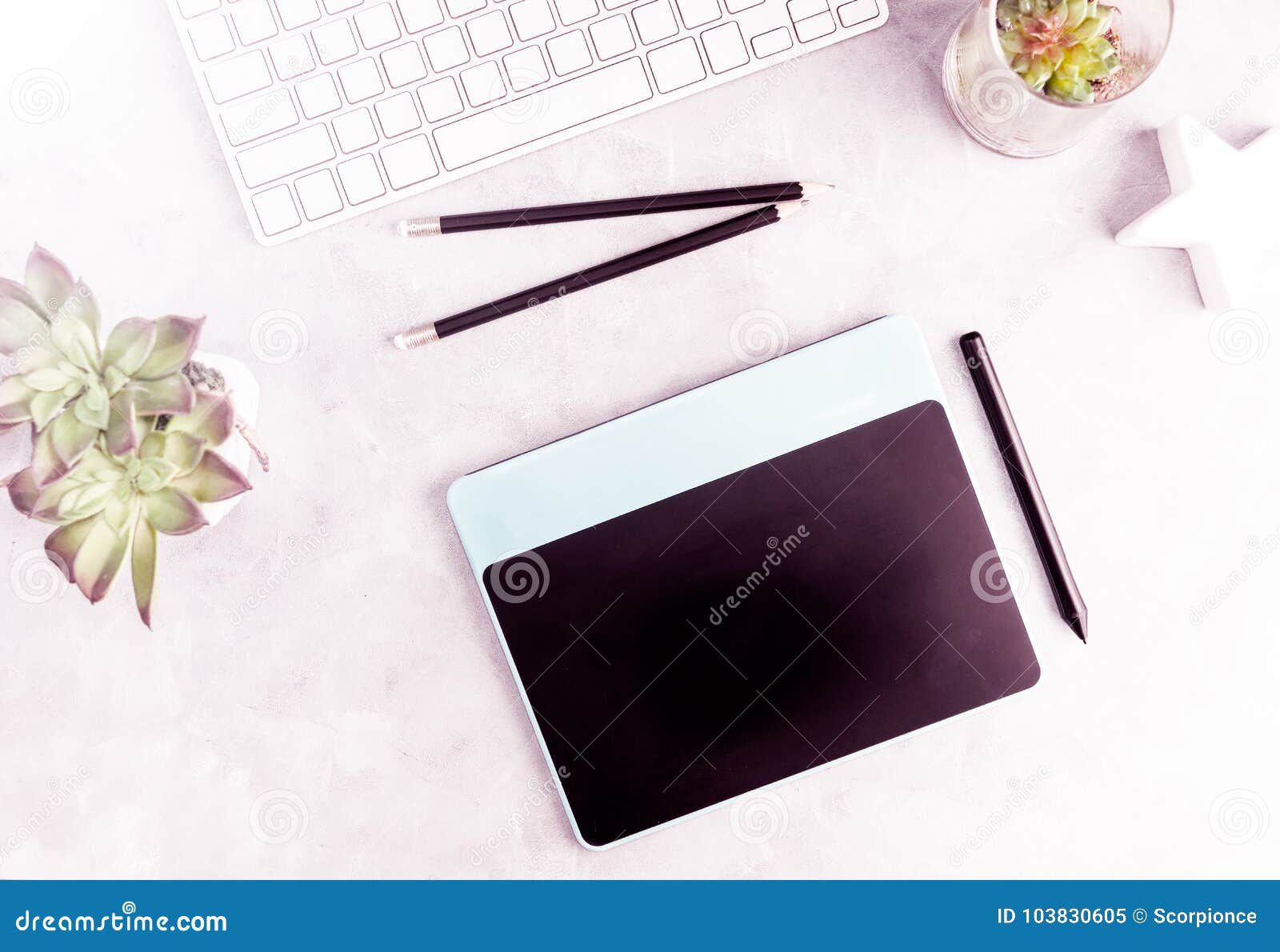 Top View Flat Lay Graphic Tablet on Grey Office Table. Modern Designer ...
