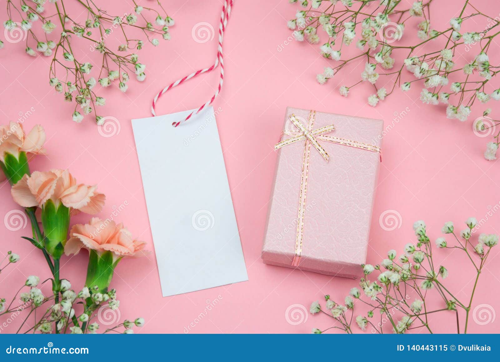 Floral Frame with Mock Up Empty Label and Gift Box Pink Background ...