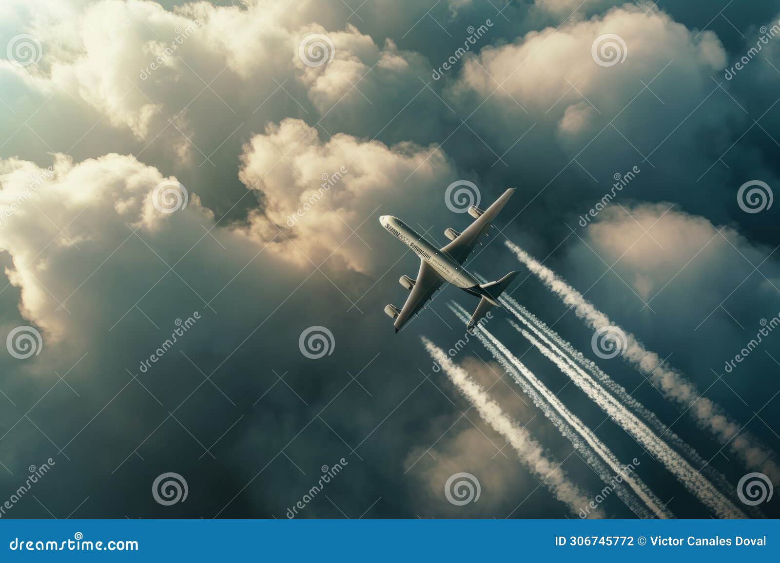 Top View of a Flying Airplane Above the Clouds Jet Plan Leaving Behind ...