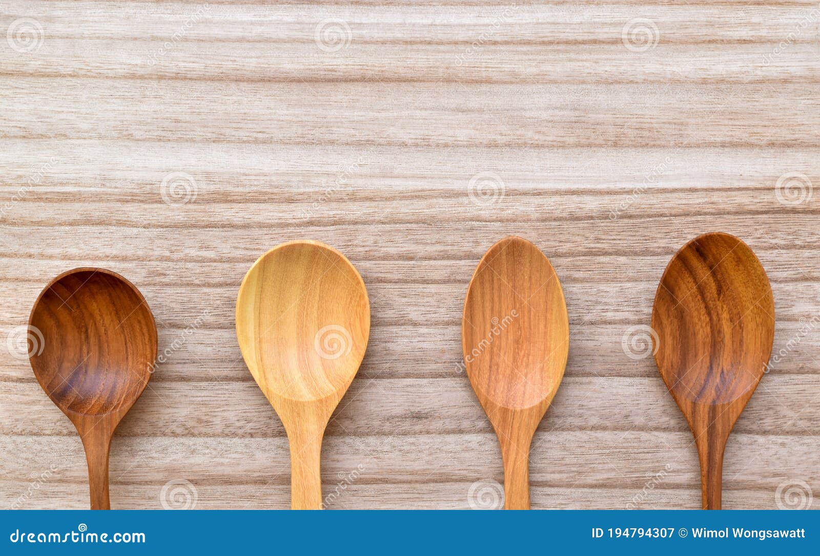 Top View, Four Blank Wooden Spoons on the Wooden Floor. Stock Image ...