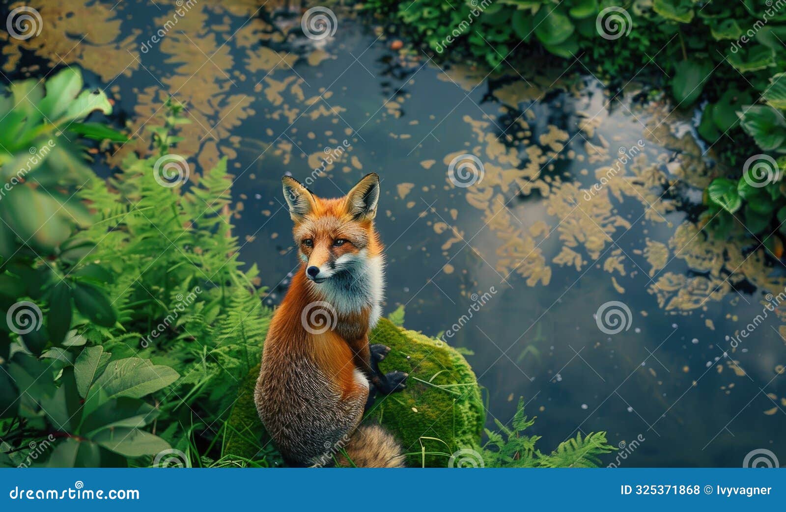Top View of a Fox Sitting by a River, Lush Greenery Stock Photo - Image ...