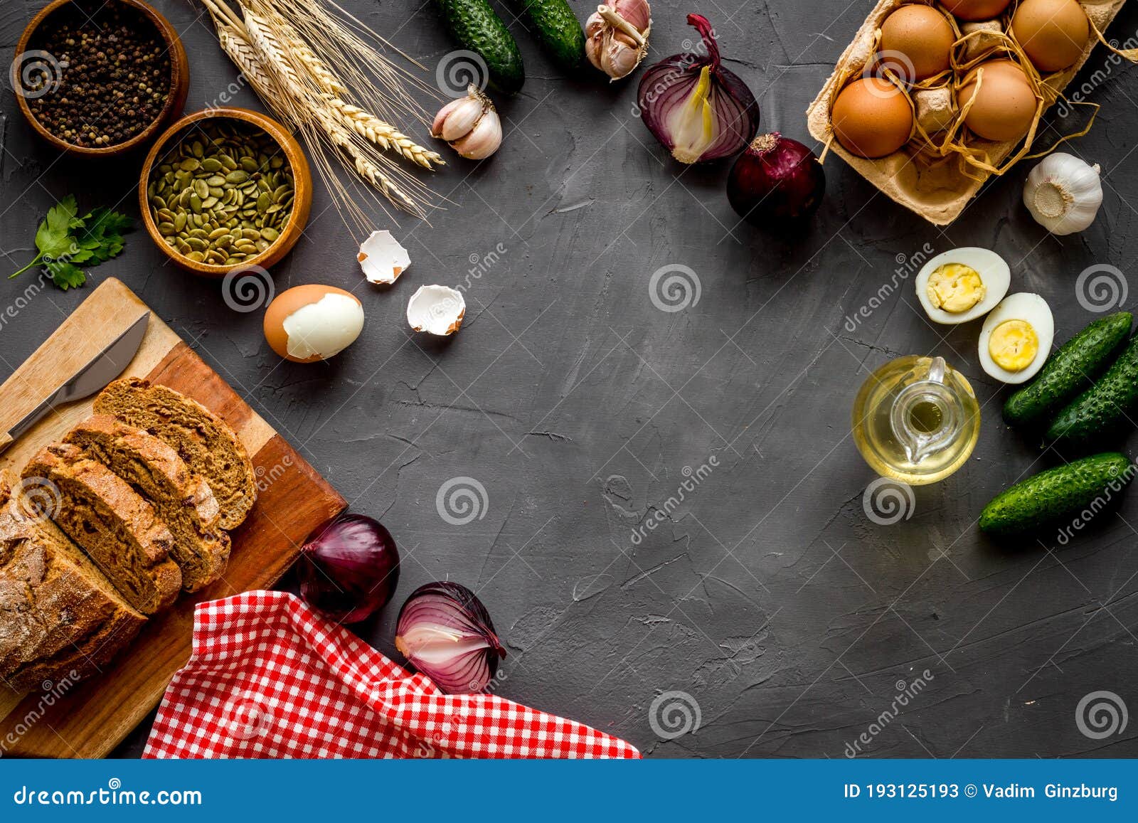 Top View Frame of Dinner Table with Fresh Homemade Food - Effs, Bread ...