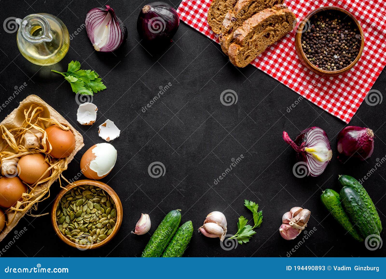 Top View Frame of Dinner Table with Fresh Homemade Food - Effs, Bread ...