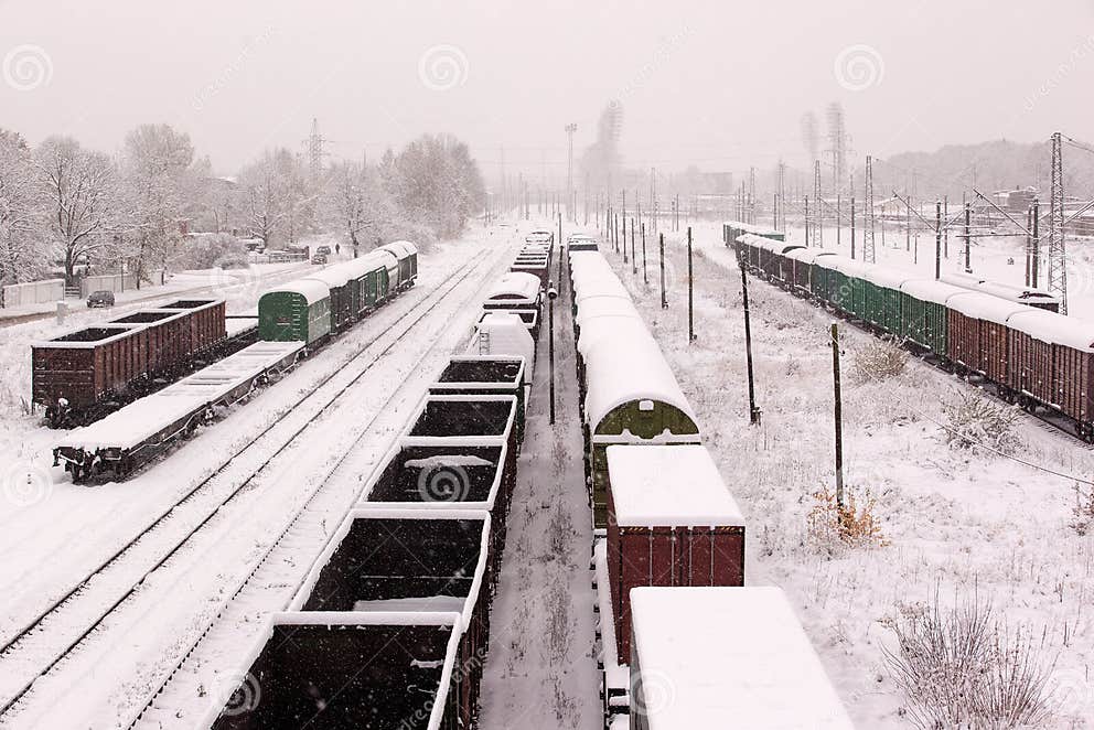 Top View of Freight Train with Carriages on Railways at Winter Stock ...