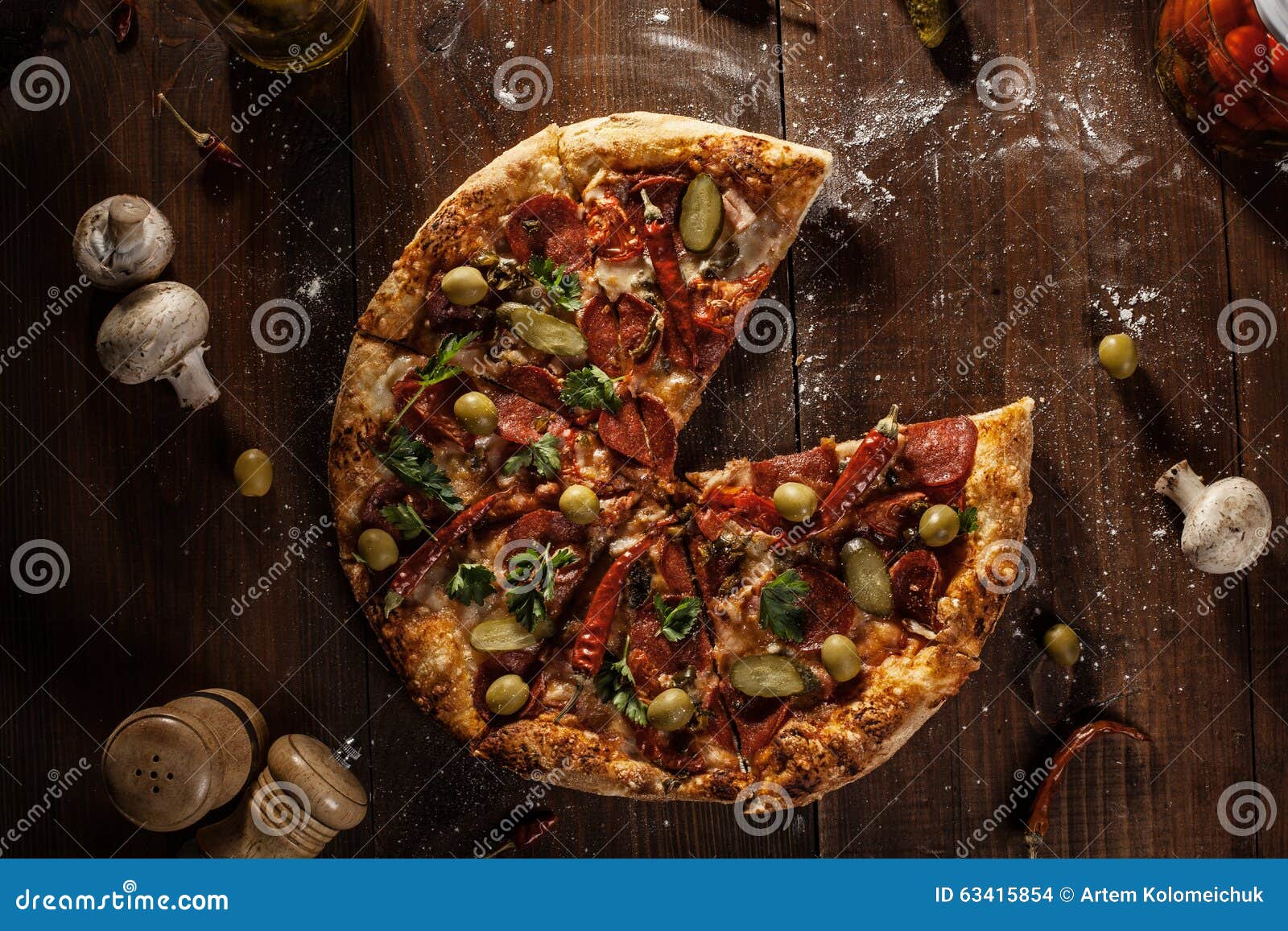 Top View of Fresh Baked Pizza without Slice Served on Wooden Tab Stock ...