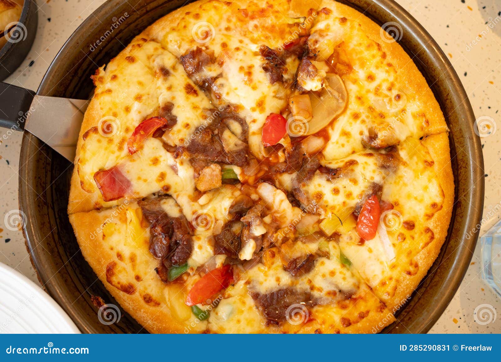 Top View Fresh Beef Pizza Horizontal Stock Image - Image of beef, view ...