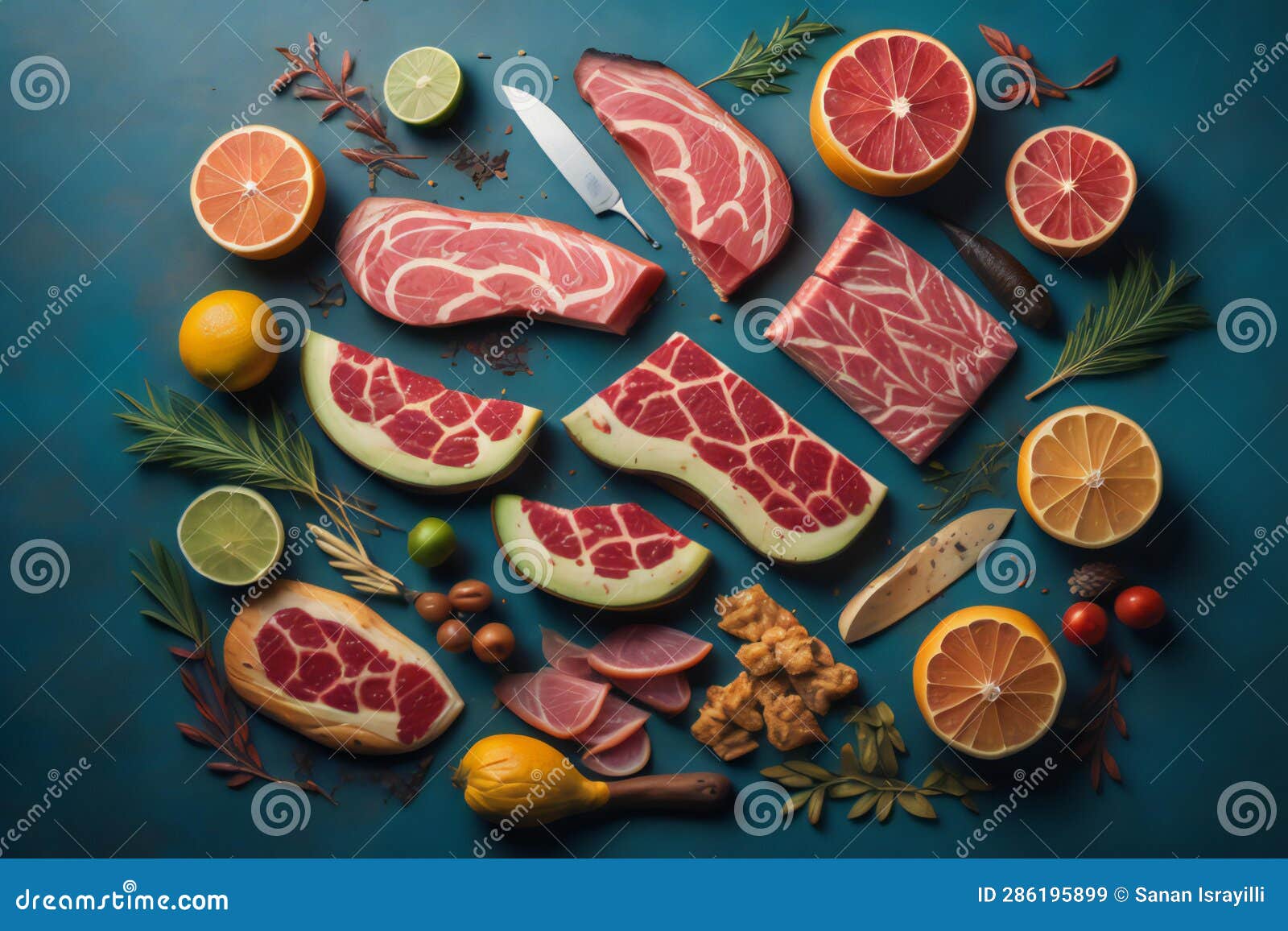 Top View of Fresh Raw Meat with Ingredients for Cooking on Blue ...