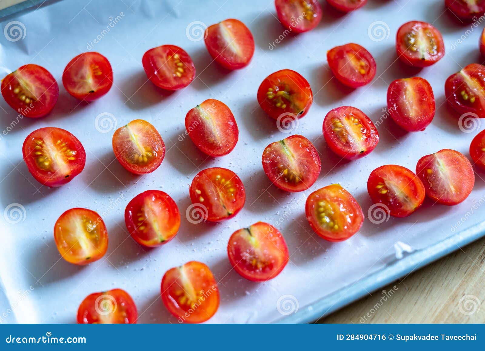 Top View of Fresh Red Cherry Tomatoes Cut in Half, Half-cut Side Up, on ...