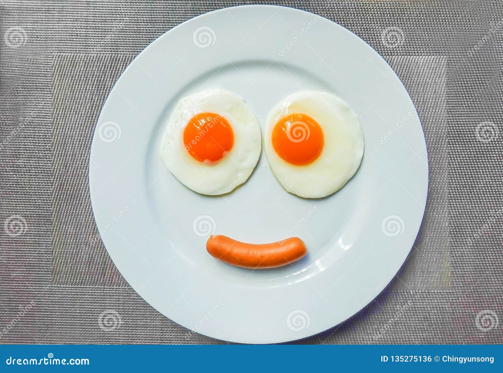 Top View of Fried Egg and Sausage Smiley Face on White Plate Stock ...