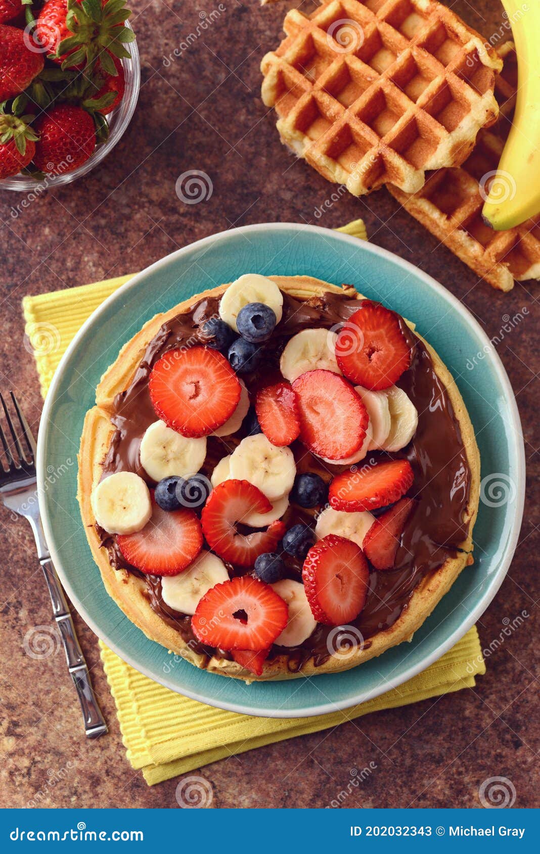 Top View Fruit Waffle with Chocolate Spread Stock Image - Image of ...