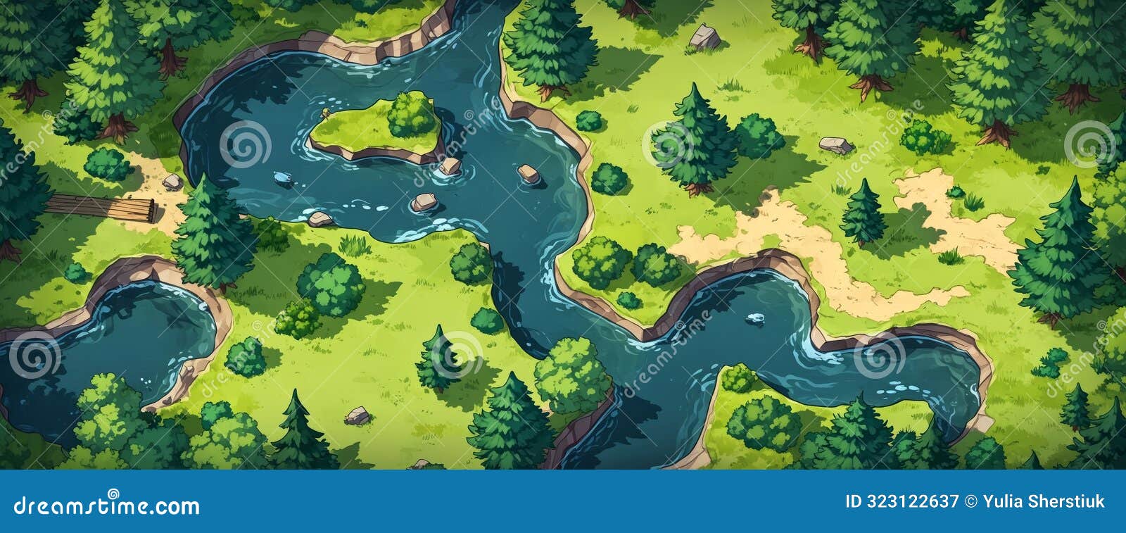 Top View, Game Map, Forest And Floating Lands Landscape Illustration ...