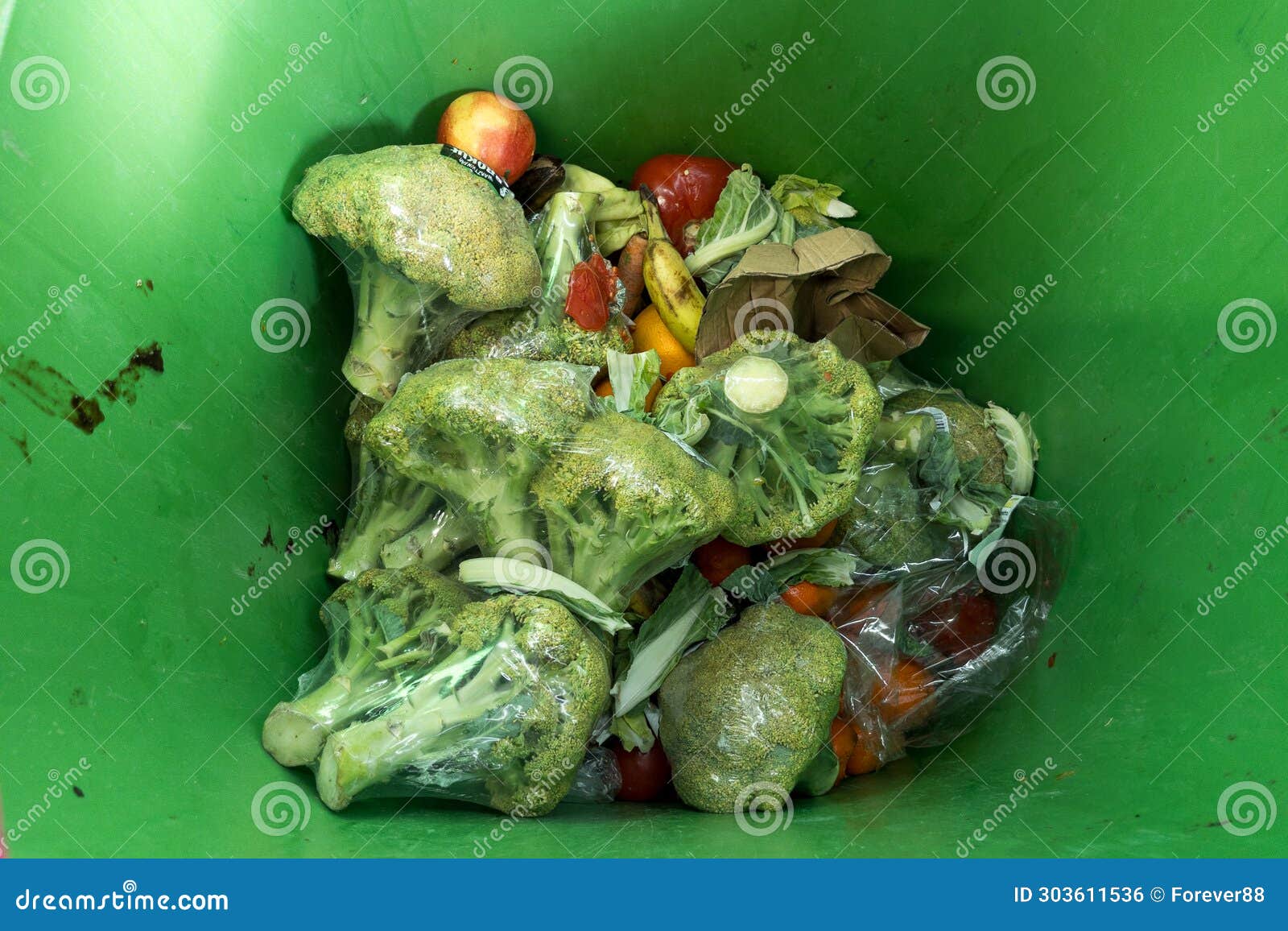 Top View of Garbage Can with of Rotting Broccoli in Plastic Packaging ...