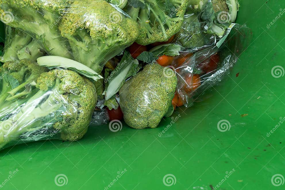 Top View of Garbage Can with of Rotting Broccoli in Plastic Packaging ...