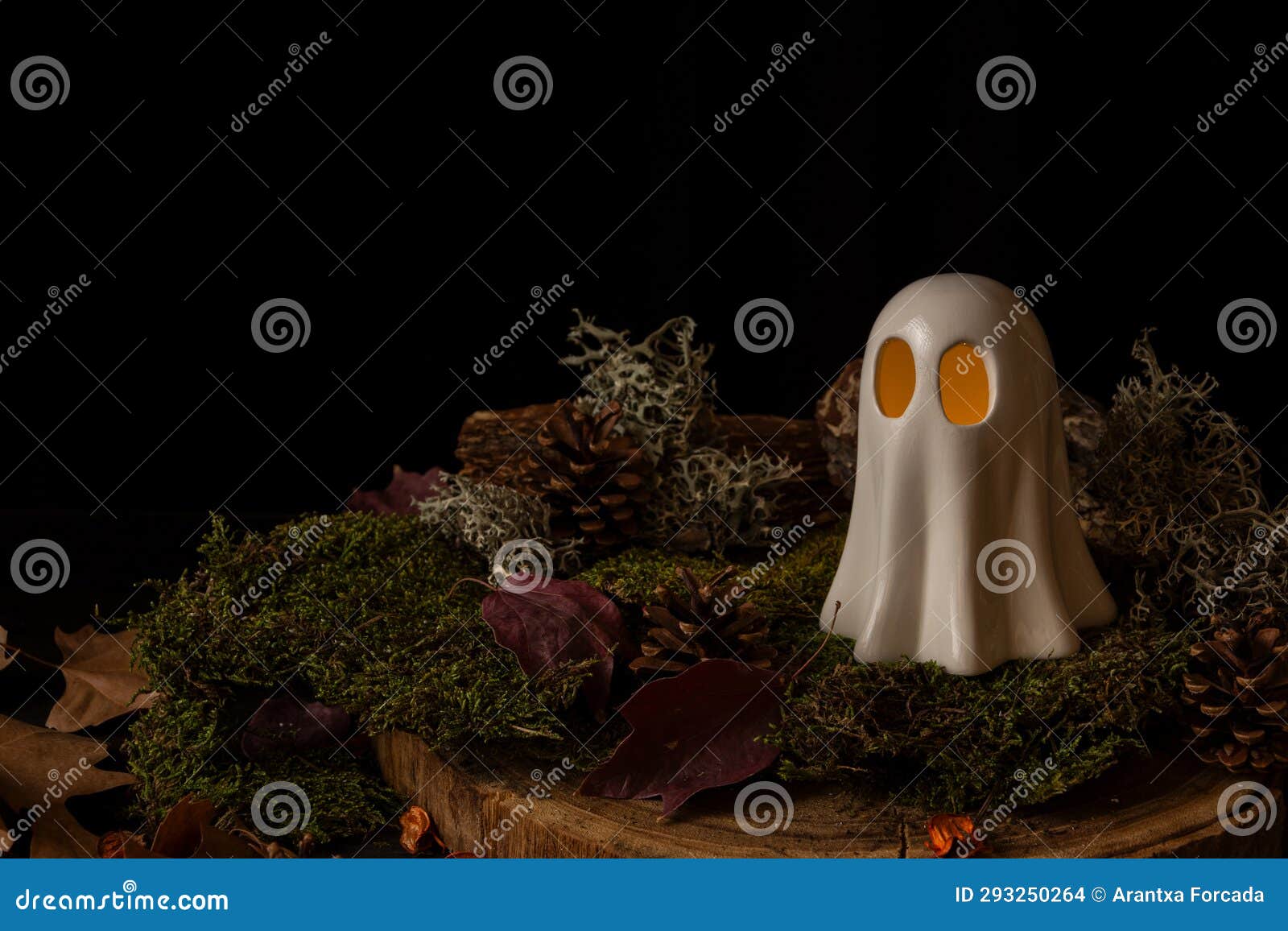 Top View of a Ghost with Light in His Eyes on Table with Autumn Leaves ...