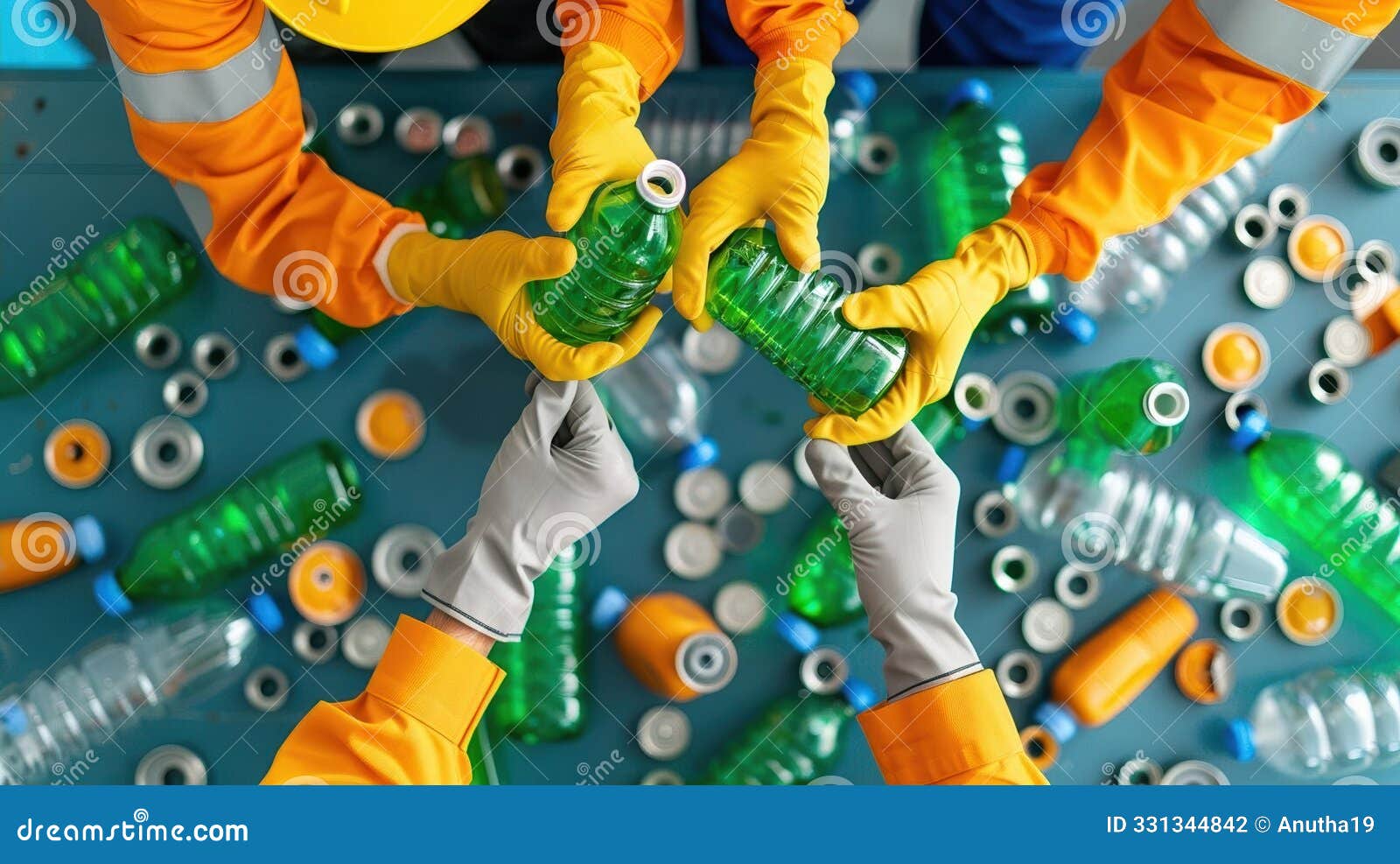 Top View Of Gloved Hands Handling Green Plastic Bottles In A Bustling ...