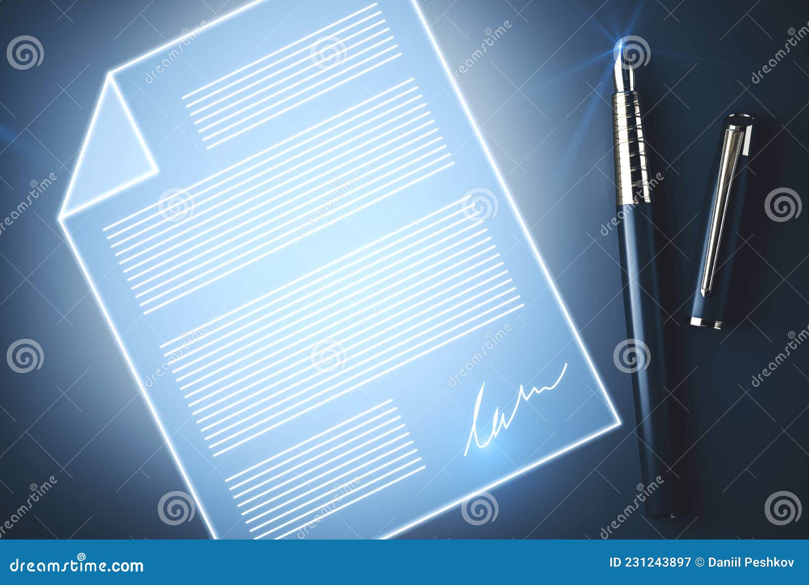 Top View of Glowing Abstract Electronic Document with Signature and Pen ...