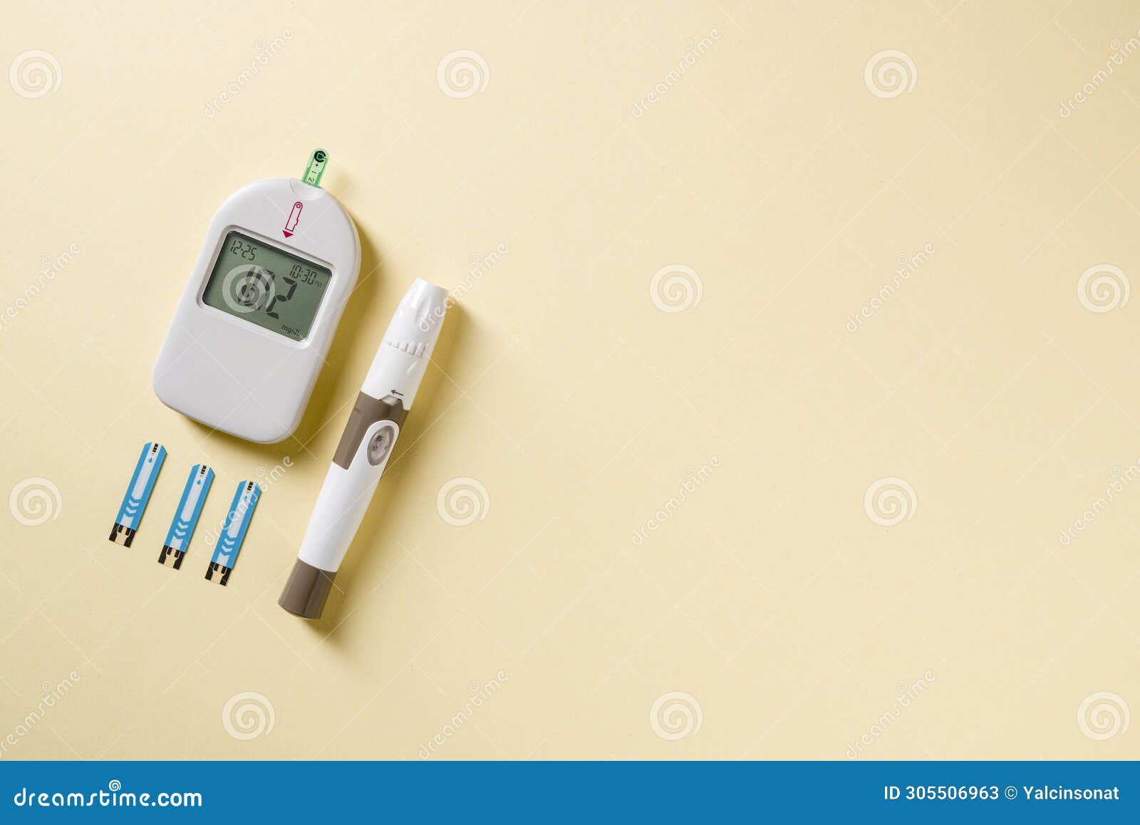 Top View of Glucometer, Lancet Pen and Strips on Yellow Background ...