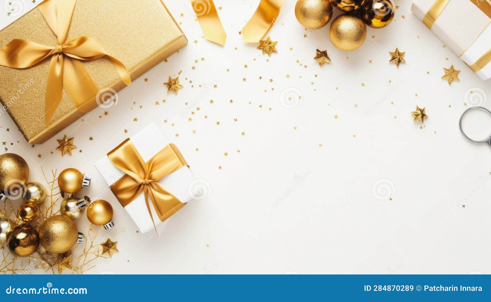 Top View of Gold Gift Box with Copy Space, Golden Decorations on White ...