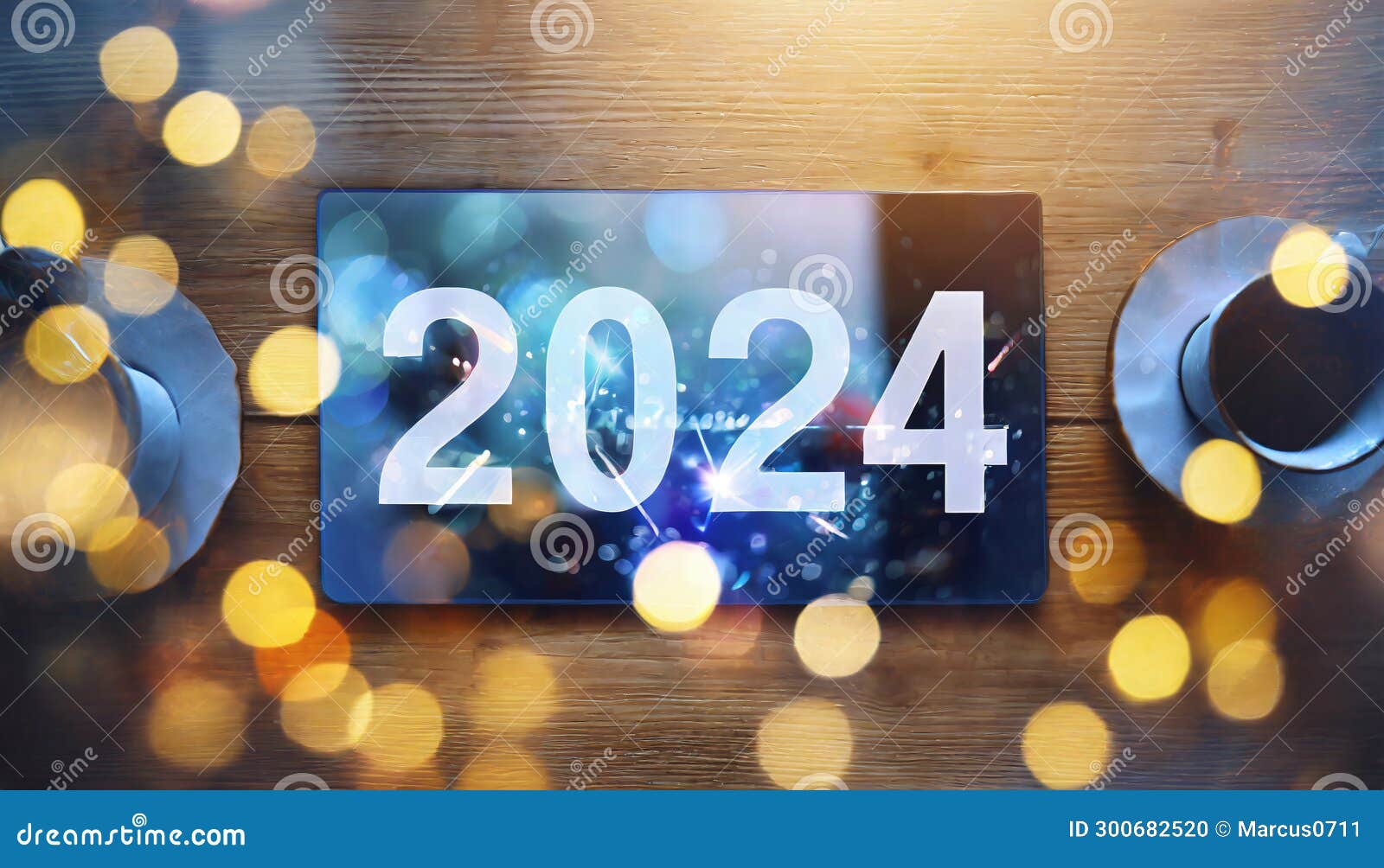 Top View of Golden Figures of the Year 2024 on a Rustic Table Stock ...