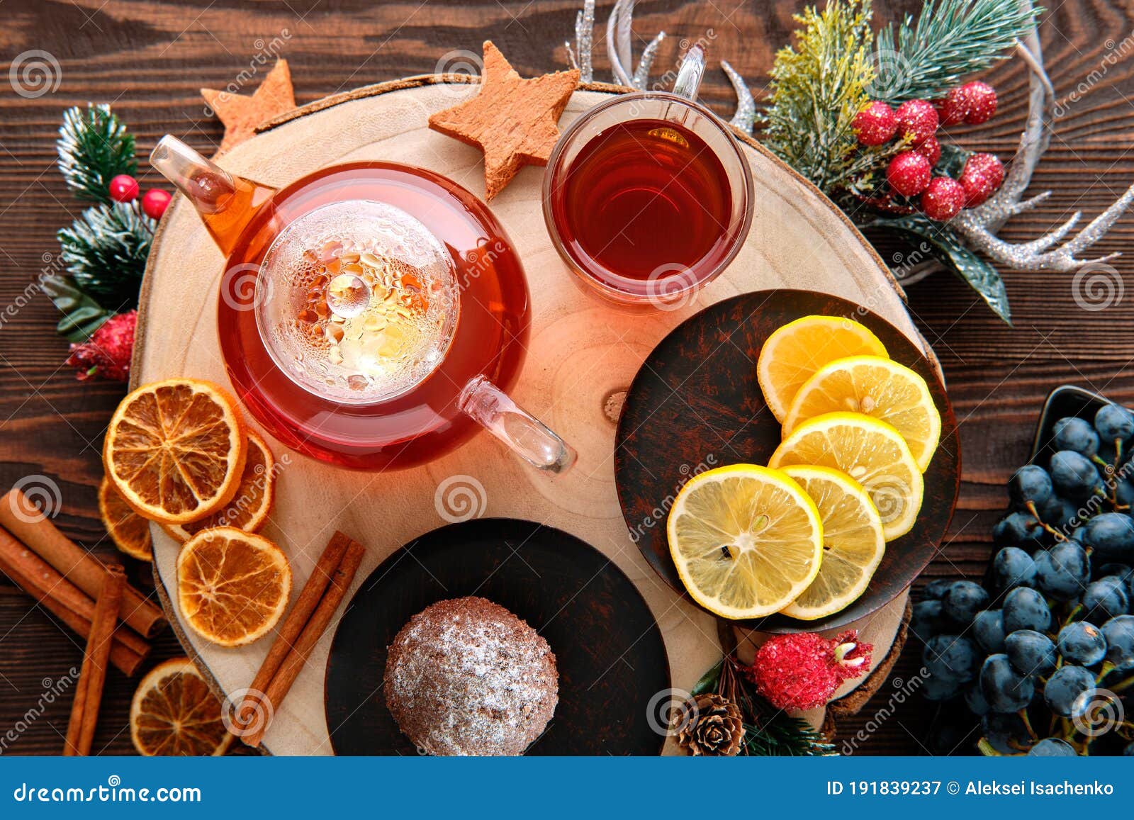 Top View of Grape and Lemon Tea with Chocolate Cake Stock Image - Image ...
