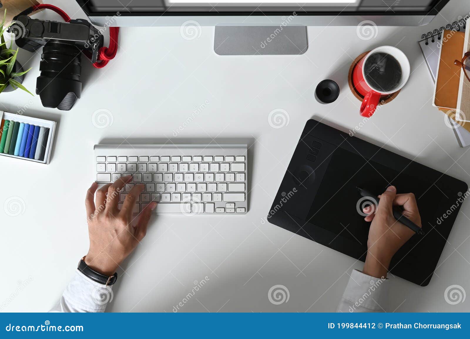 Top View of Graphic Designer Hands Typing on Keyboard and Working on ...